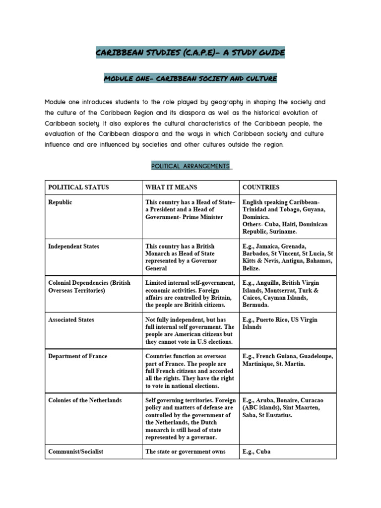 CAPE CARIBBEAN STUDIES - STUDY GUIDE | PDF | Caribbean | Kingdom Of The ...
