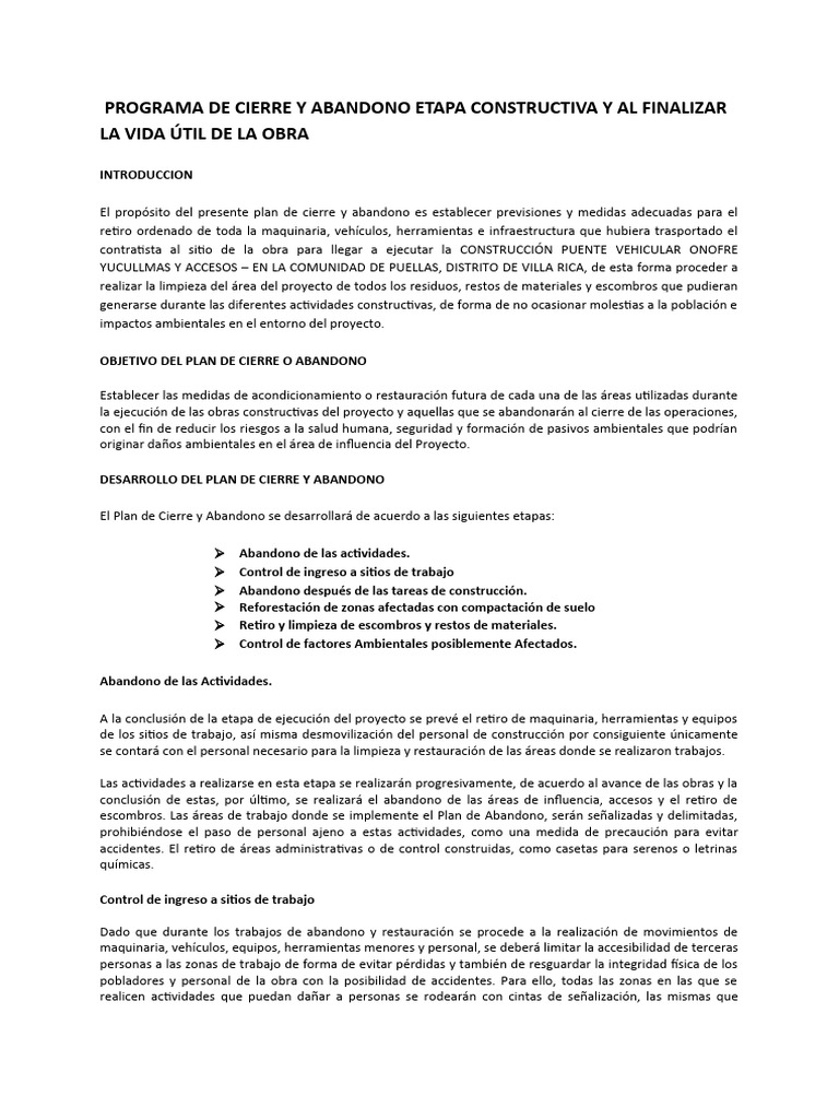 PLAN-DE-CIERRE erick | Descargar gratis PDF | Residuos | Agua