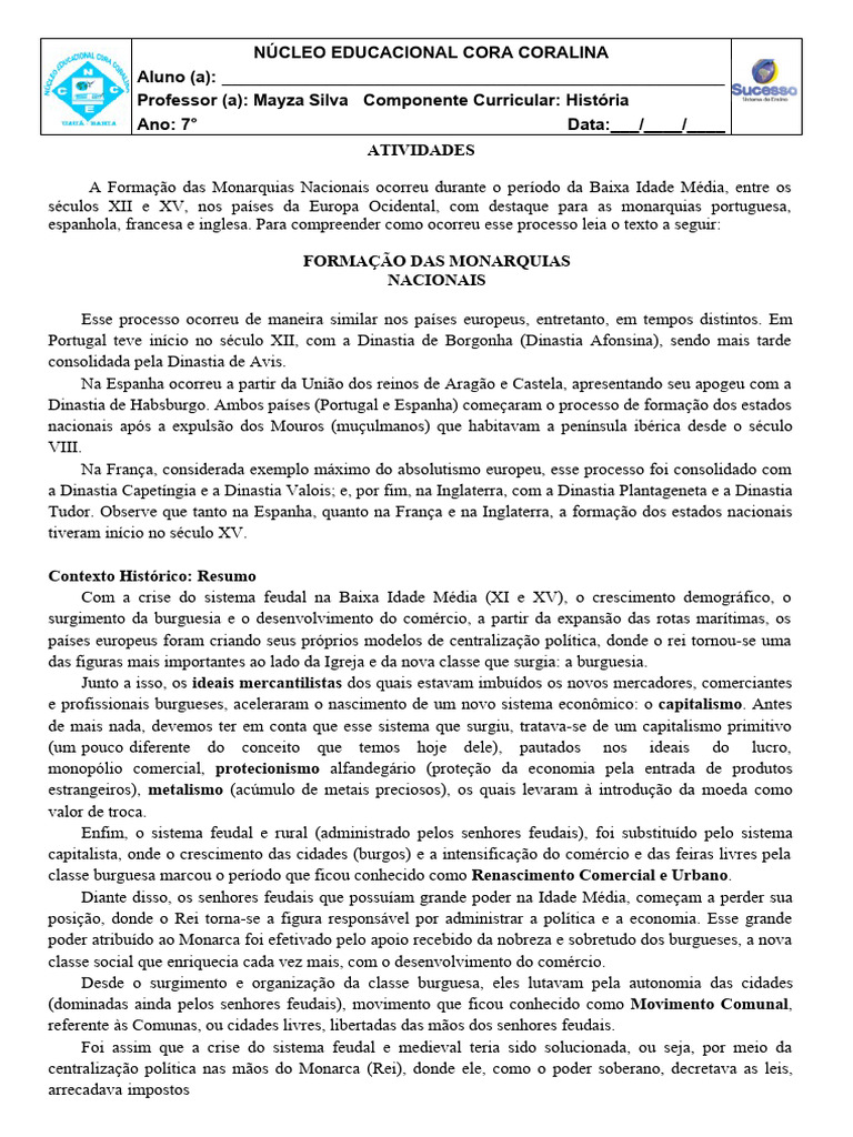 Atividade Estados Nacionais 7° Ano | PDF | Feudalismo | Burguesia