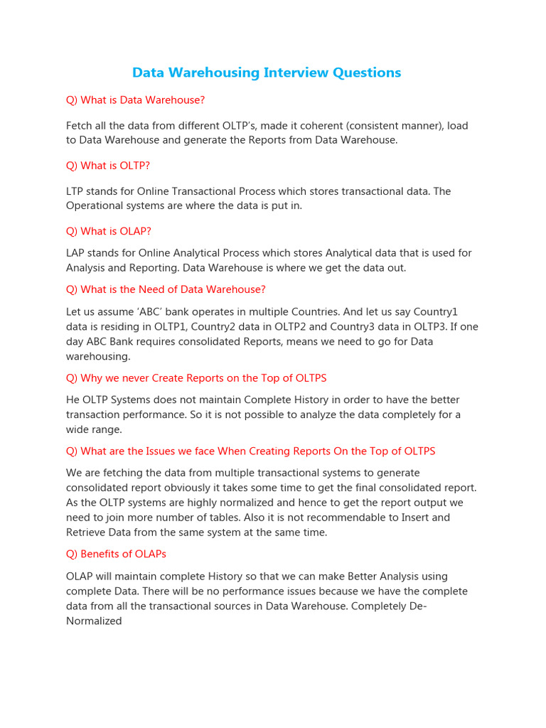 Data Warehousing Interview Questions | PDF | Data Warehouse ...