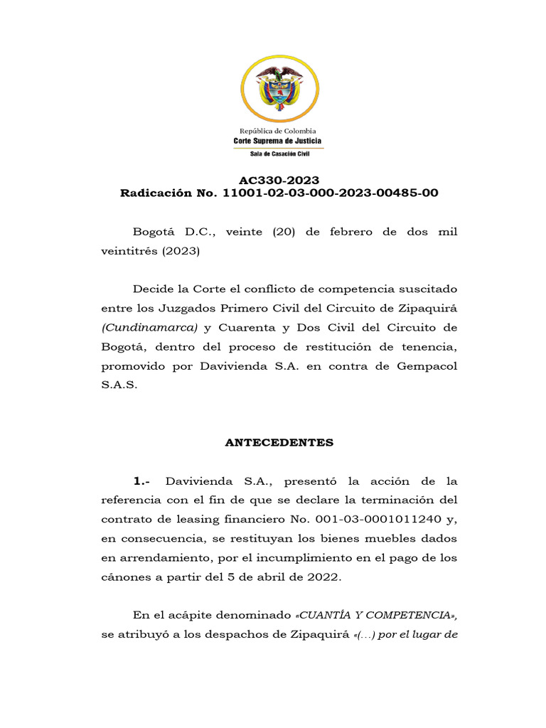 AC330-2023 Radicación No. 11001-02-03-000-2023-00485-00: (Cundinamarca ...