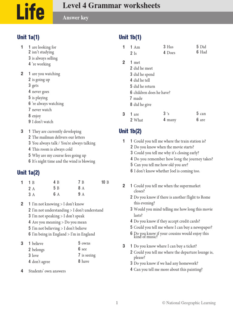 LIfe2eAmE SB4 GrammarPracticeWorksheets AnswerKey | PDF