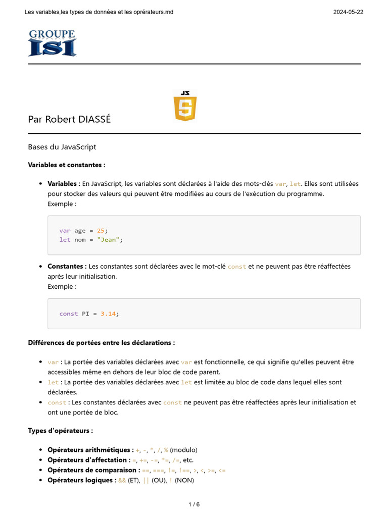 Les Variablesles Types Oprerateurs Et Structures de Controle | PDF ...
