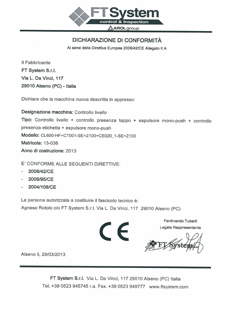 Dichiarazione Di Conformità 13-036 | PDF