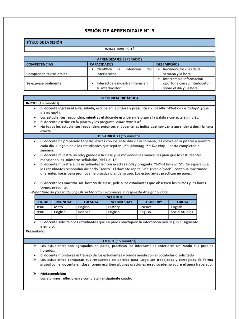 What Time Is It n09 Sesion de Aprendizaje de Ingles 2023 | PDF | Aprendizaje | Modificación de ...