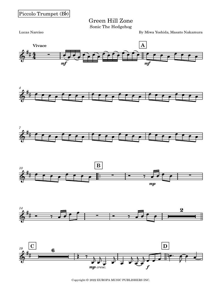 Green Hill Zone - Sonic - OzBrass - Piccolo Trumpet (BB) 2 | PDF ...