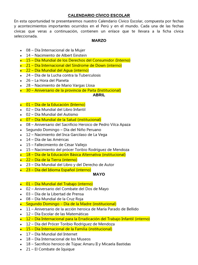 Fechas Civicas Escolares 2024 | PDF | Perú