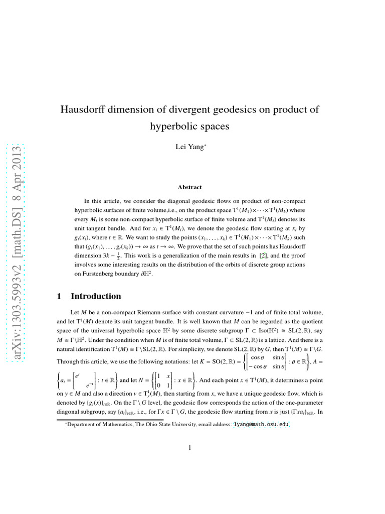 Hausdorff Dimension of Divergent Geodesics On Product of Hyperbolic Spaces | PDF | Hyperbolic ...