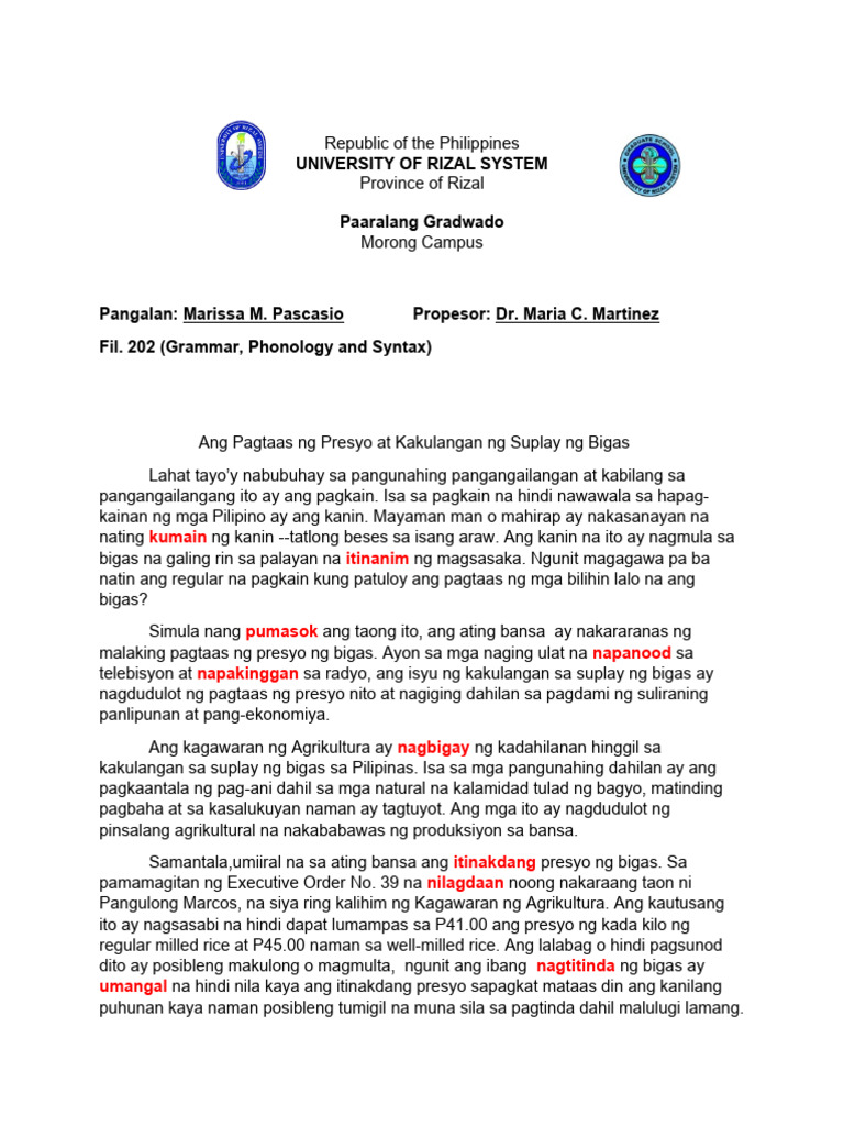 Sanaysay - PAGTAAS NG PRESYO AT KAKULANGAN NG SUPLAY NG BIGAS | PDF