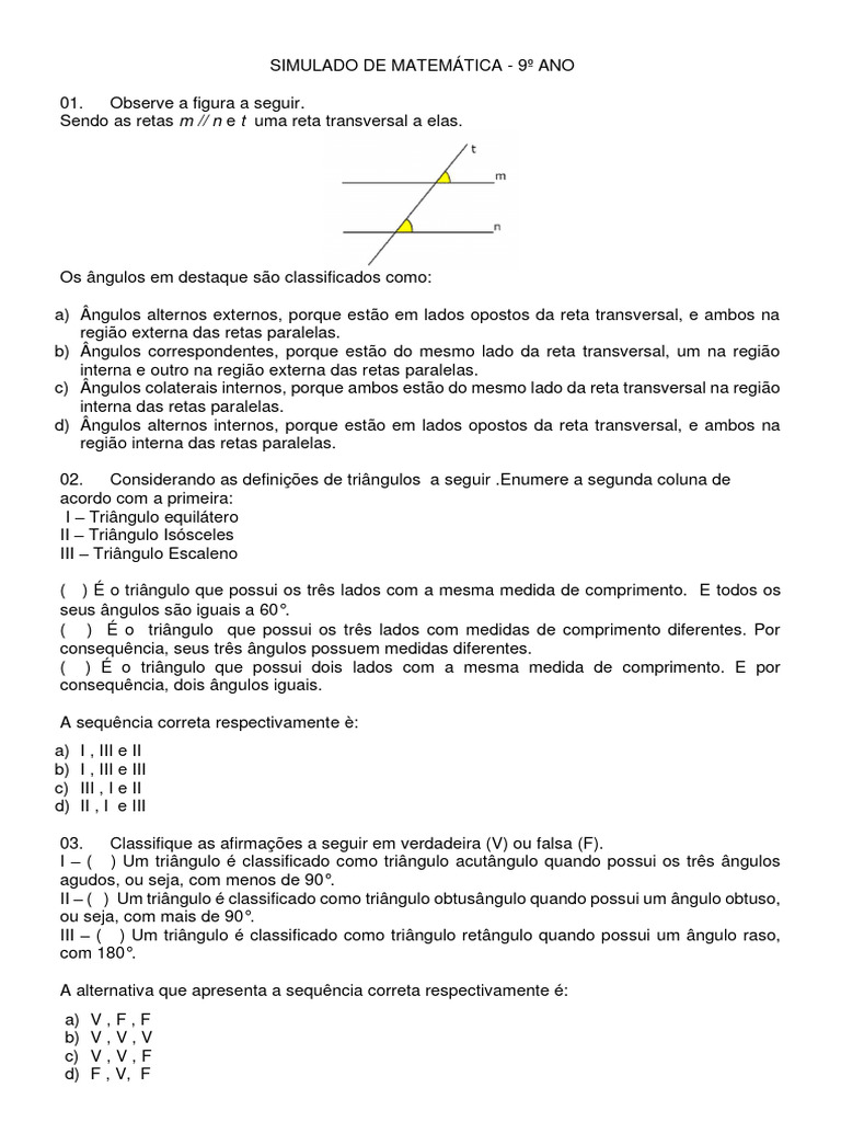 SIMULADO DE MATEMÁTICA 9 ano | PDF | Triângulo | Círculo