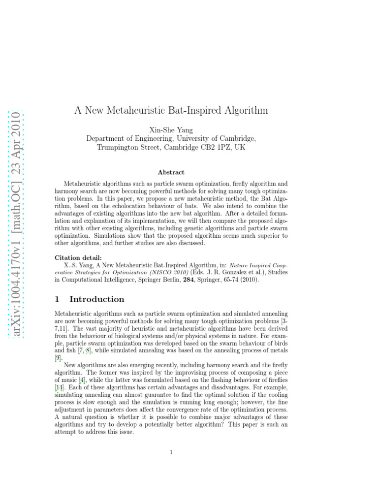 A New Met A Heuristic Bat Inspired Algorithm Download Free Pdf Metaheuristic Genetic Algorithm