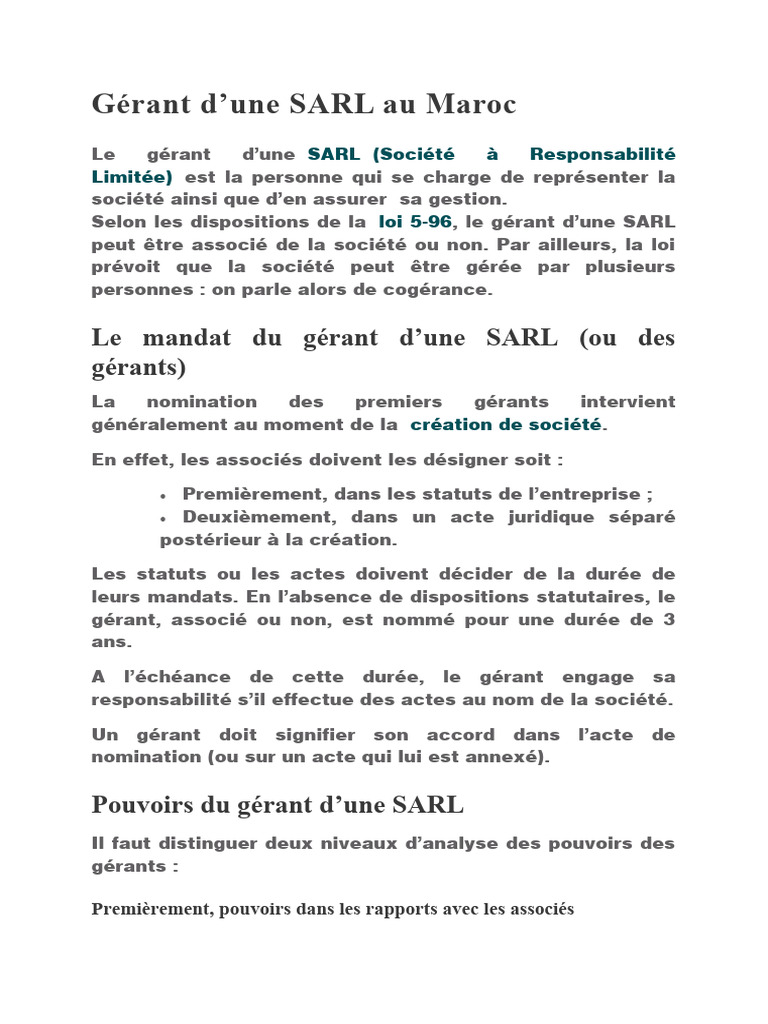 Gérant d'une SARL au Maroc : Rôle et Responsabilités | PDF | Justice ...
