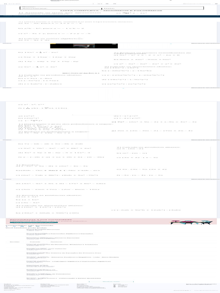 8o Ano - Exercício - LISTA COMPLETA - MONOMIOS E POLINOMIOS - Download Grátis PDF - Análise ...