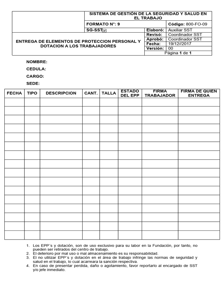 Formato Entrega de Epps y Dotacion | PDF