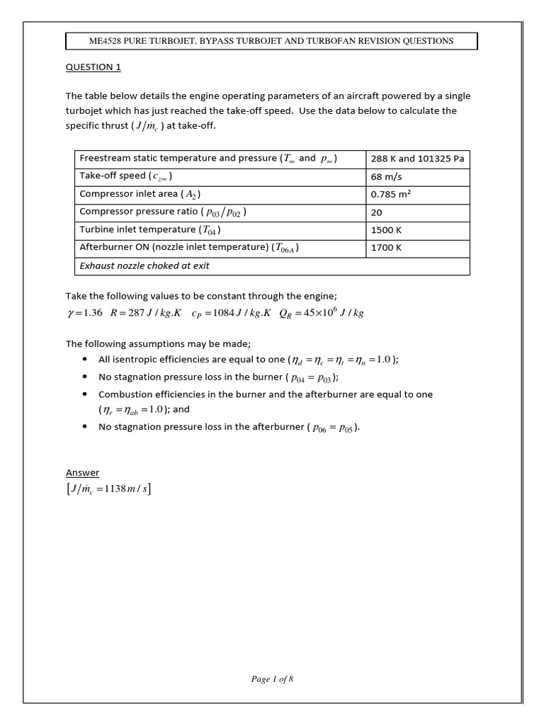 ME4528 Turbojet (Pure and Low Bypass) and Turbofan Revision Questions ...