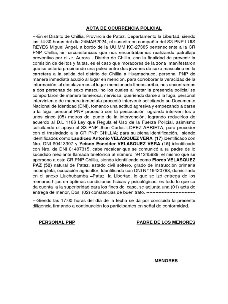 Acta de Ocurrencia Policial | Descargar gratis PDF | Documento de identidad