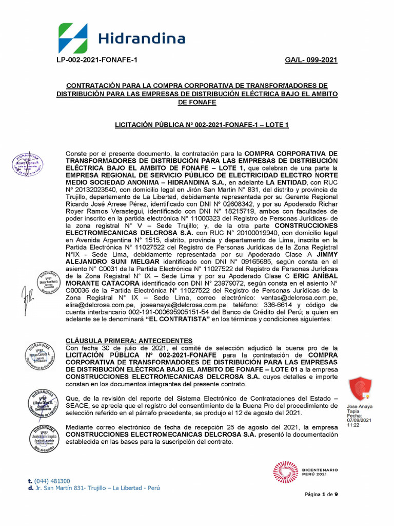 Contrato Ga-l-099-2021 Lp n 002-2021-Fonafe Lote 1 | PDF