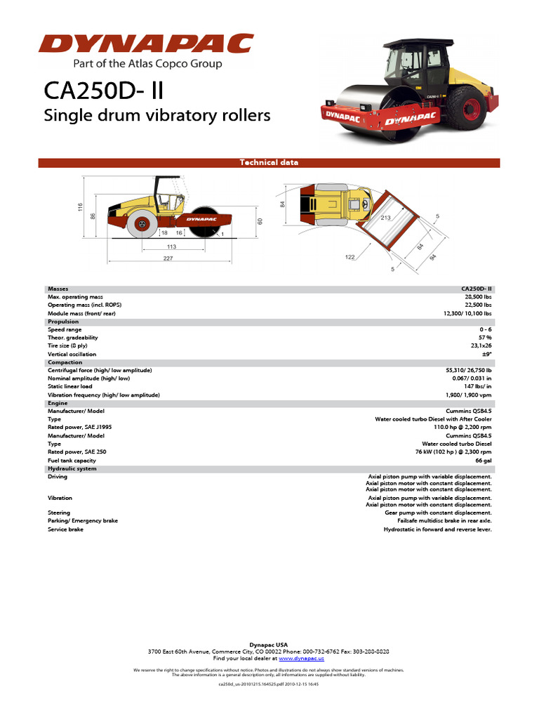 Dynapac CA250D Specifications Overview | PDF | Horsepower | Engines
