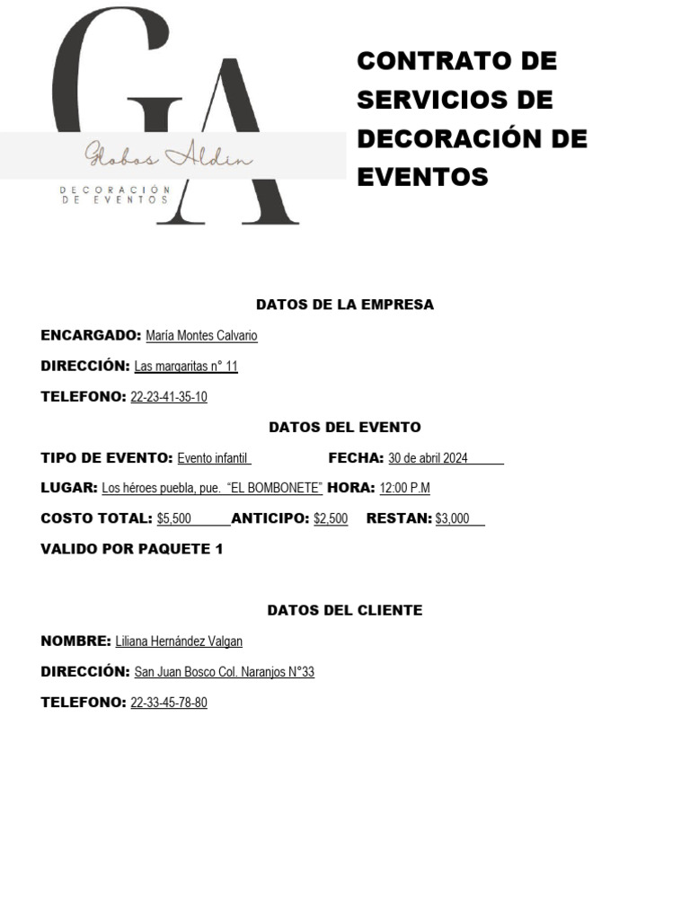 CONTRATO DE SERVICIOS DE DECORACIÓN DE EVENTOS | PDF