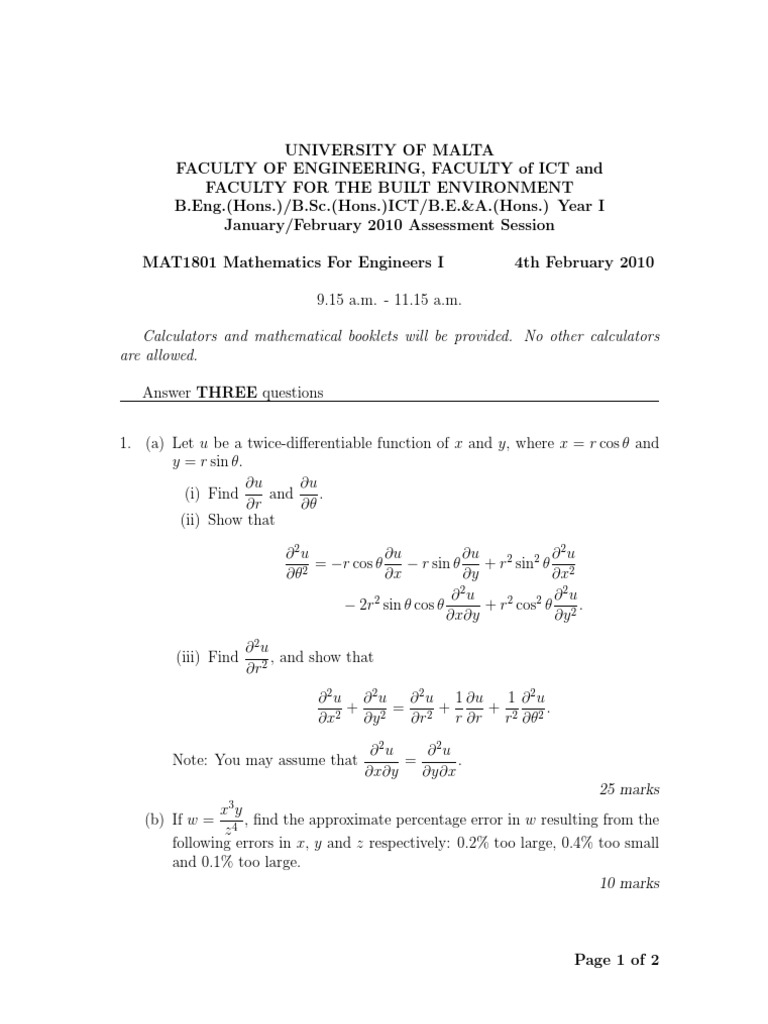 Mathematics For Engineers 1 Past Paper 2009-2010
