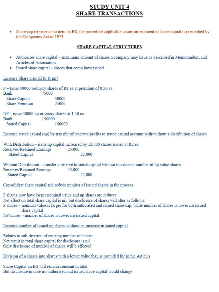 FAC2601 Study Unit 4 Share Transactions | PDF | Preferred Stock | Stocks