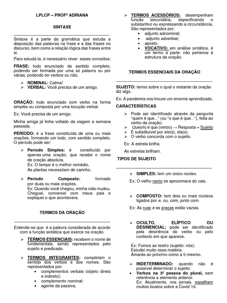 Resumo Sintaxe | PDF | Assunto (gramática) | Predicado (gramática)