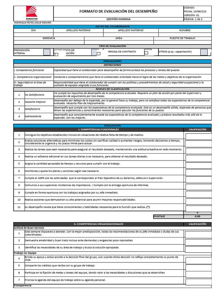 Anexo 02 Formato Evaluación de Desempeño - Mantto | PDF | Evaluación ...