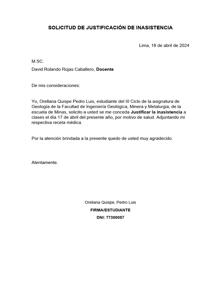Solicitud De Justificación De Inasistencia Pdf