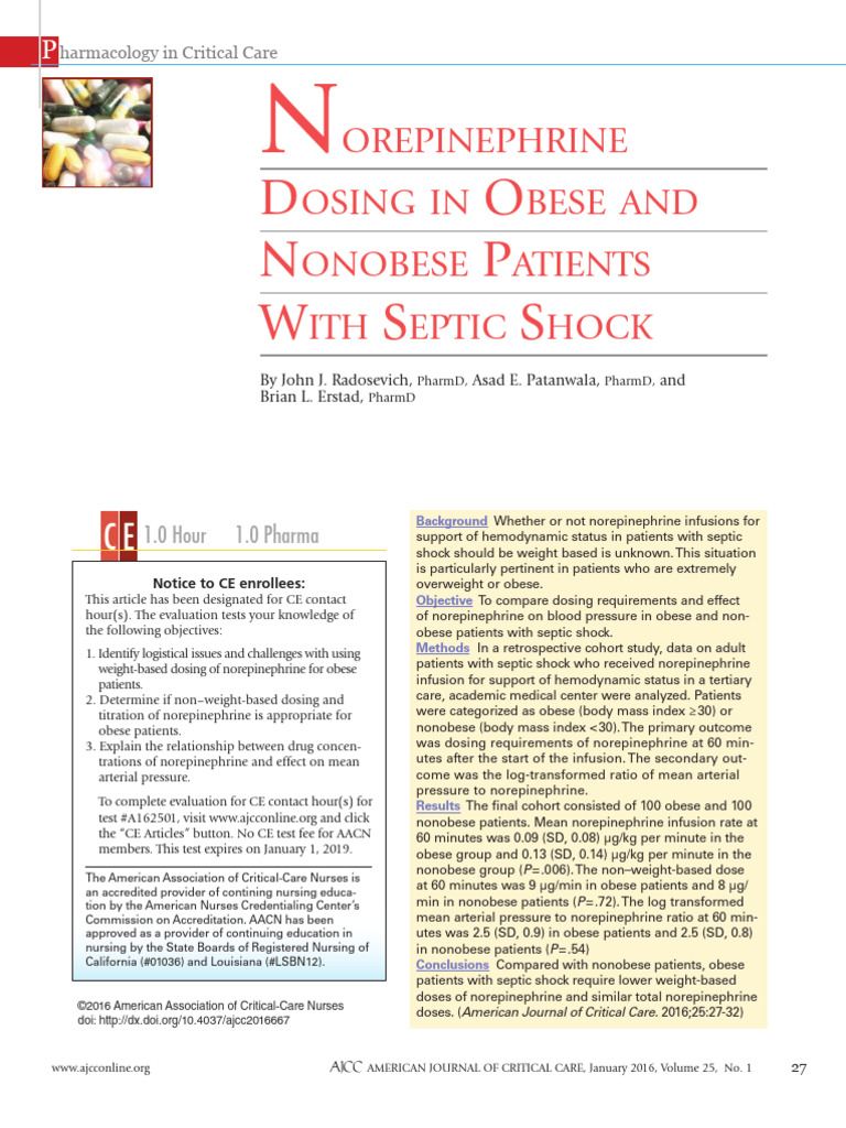 Norepinephrine Dosing in Obese and Nonobese Patients With Septic Shock ...