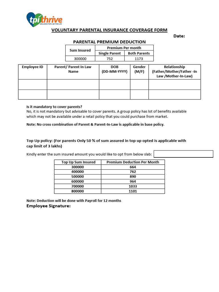 Voluntary Parental Insurance Coverage Form Date: Parental Premium ...