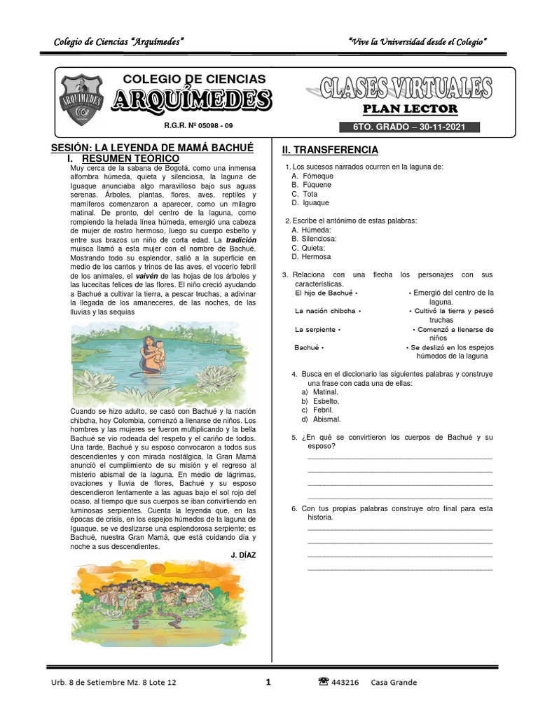 S28-6TO GRADO - PLAN LECTOR - La Leyenda de Mamá Bachue | PDF