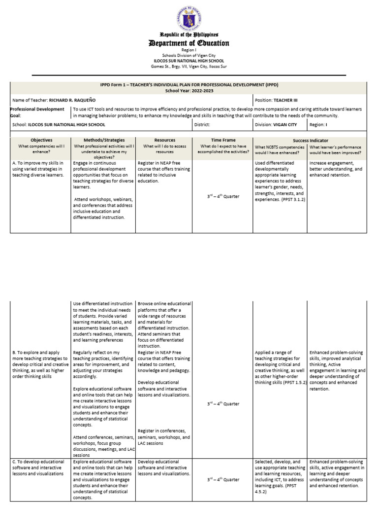 IPPD Form 1 - TEACHER'S INDIVIDUAL PLAN FOR PROFESSIONAL DEVELOPMENT ...