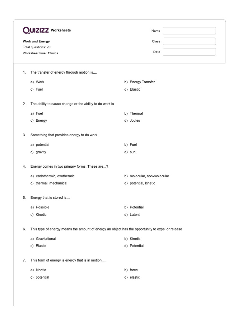 Work and Energy Worksheet Quiz | PDF | Potential Energy | Kinetic Energy