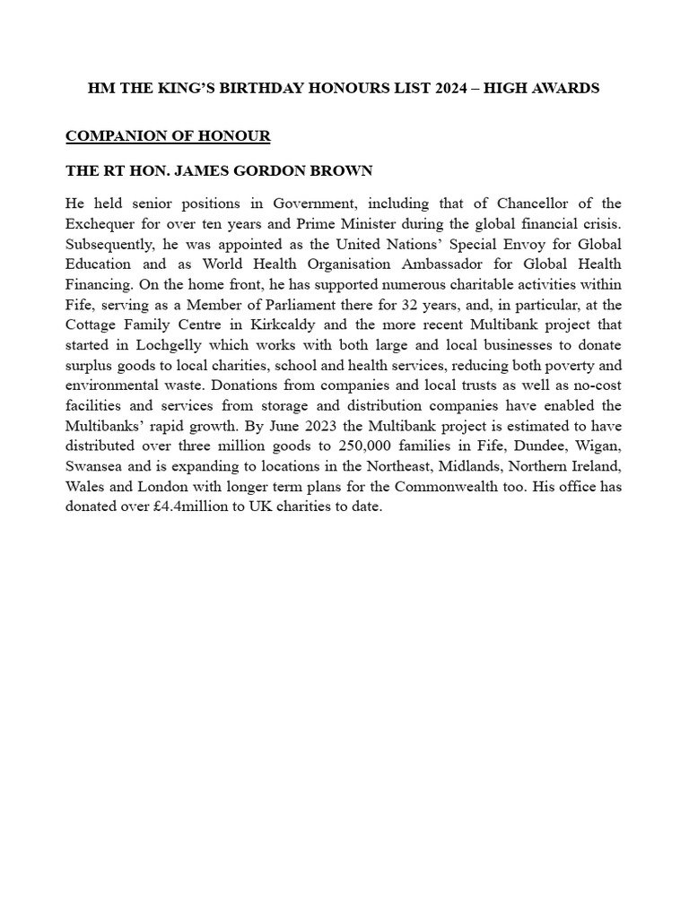 2024 King's Birthday Honours List | PDF | Cost Of Living
