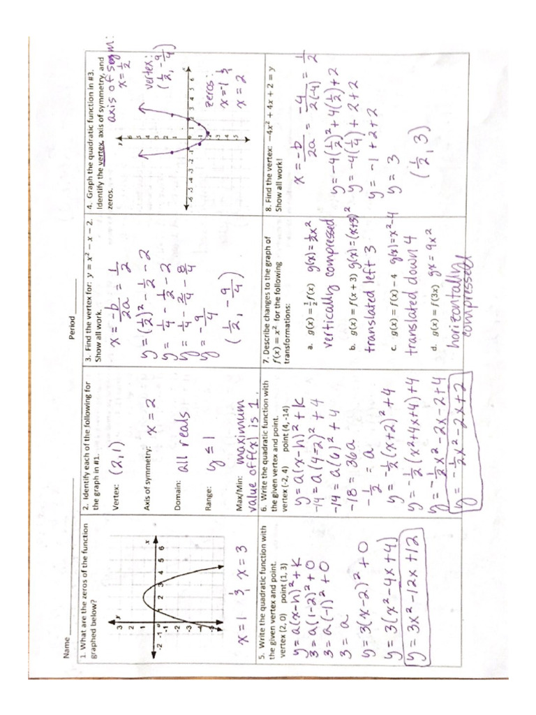 Quadratics Review 2 Key | PDF