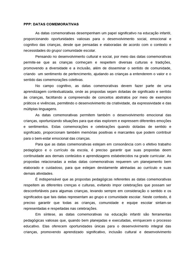 Importância das Datas Comemorativas na Educação Infantil | PDF ...