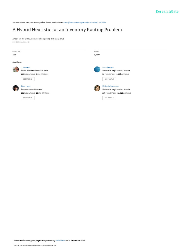 A Hybrid Heuristic For An Inventory Routing Proble | PDF | Mathematical Optimization ...