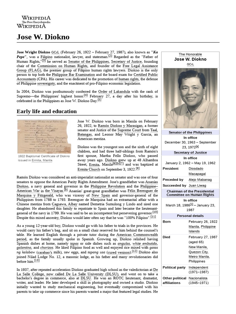 Philippine Sen. Jose W. Diokno | PDF | Corazon Aquino | Philippines