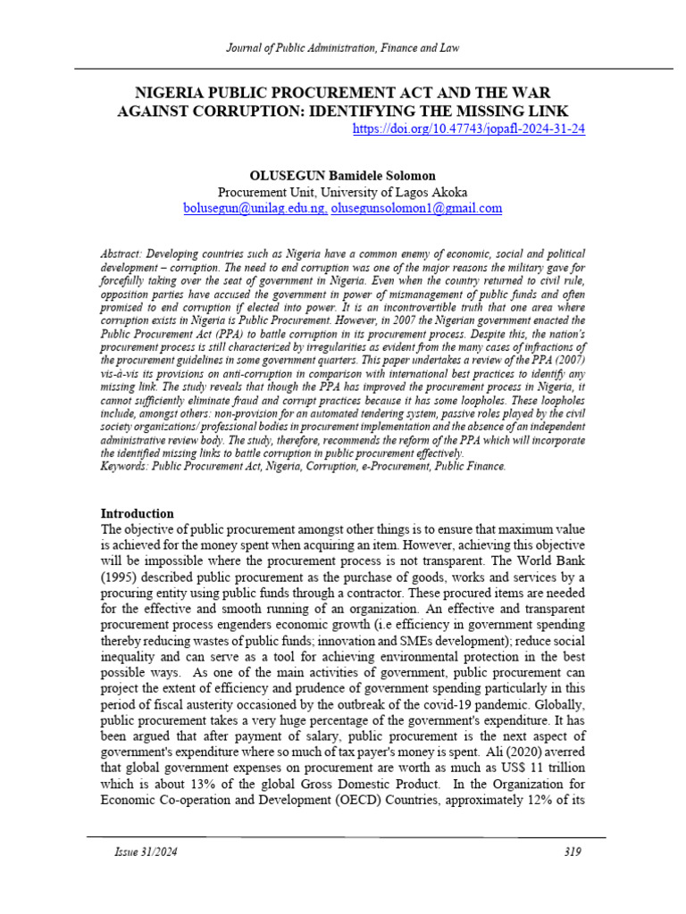 Nigeria Public Procurement Act and The War Against Corruption | PDF | Procurement | Corruption