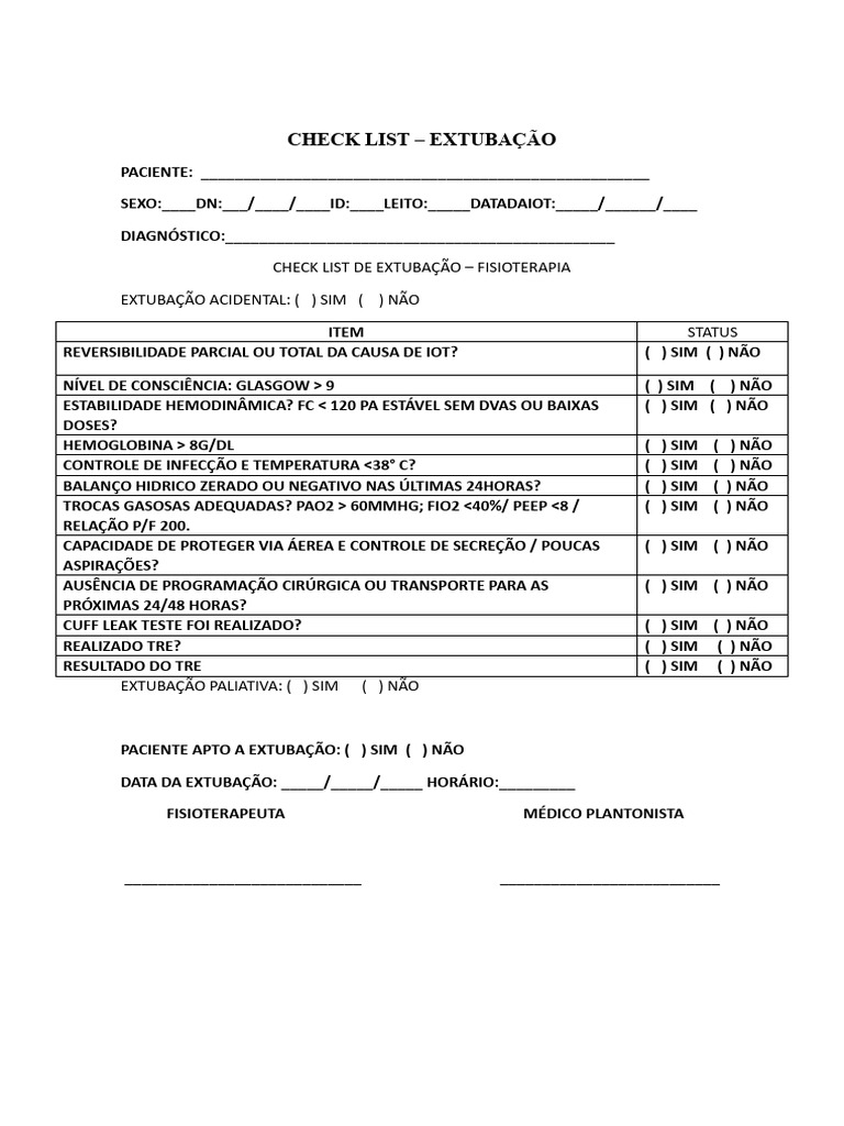 CHECK LIST DE EXTUBAÇÃO | PDF