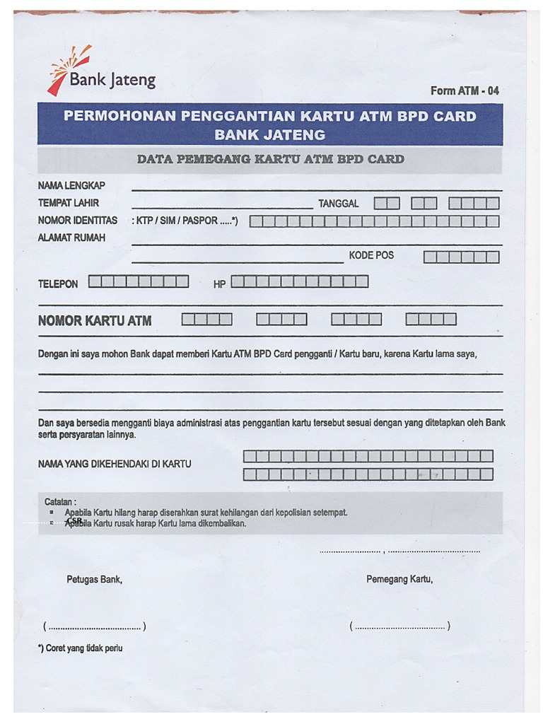 Contoh Form Penggantian Atm Kartu | PDF