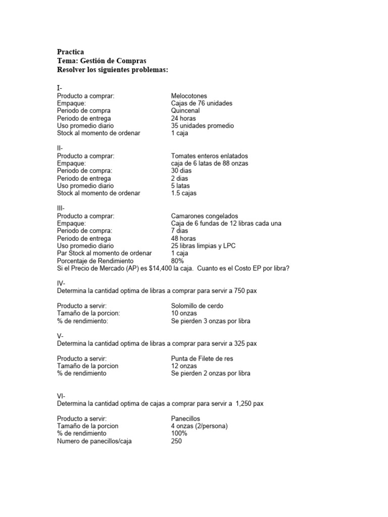 EJERCICIOS PRACTICOS-Gestion de Compras | PDF | Alimentos | Cocina