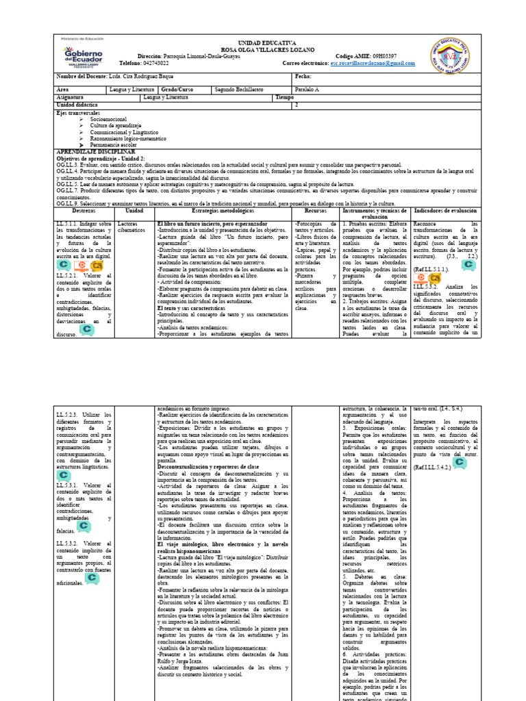 Microcurricular 2do Lenguaje | PDF | Aprendizaje | Evaluación