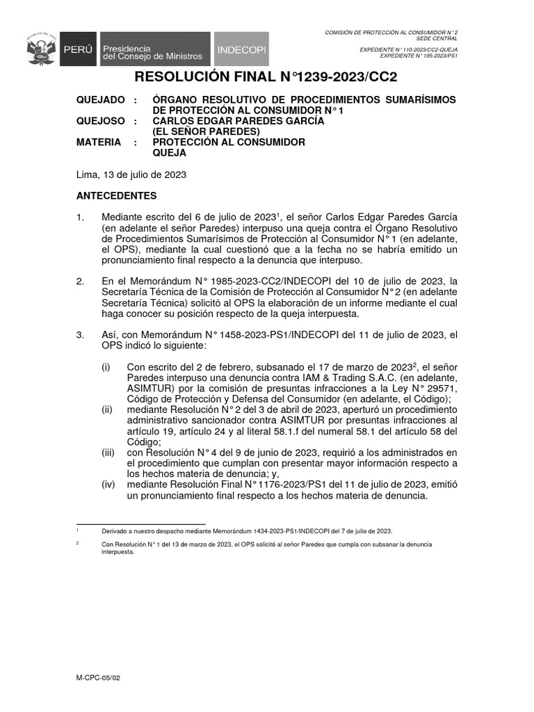Resolución Final N°1239-2023/cc2 | PDF | Protección al Consumidor | Justicia