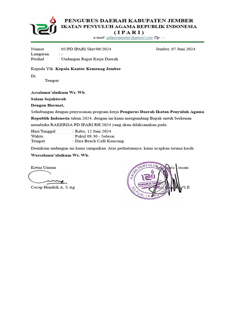 Undangan Rakerda PD IPARI 2024 | PDF