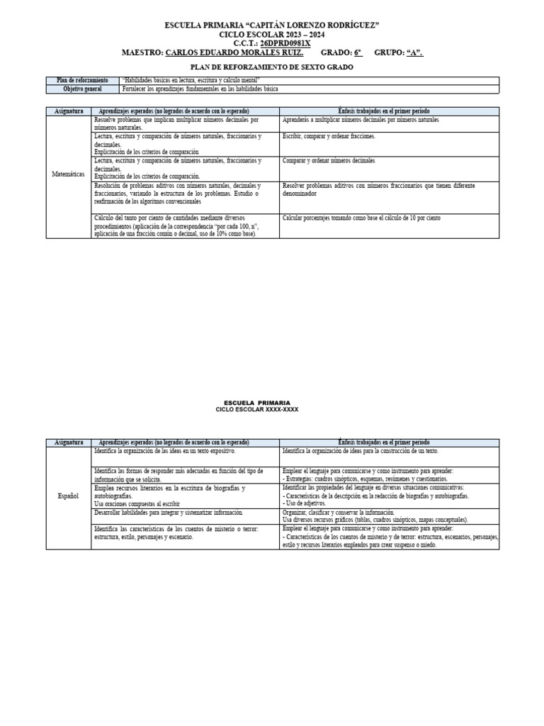 Sexto Plan De Reforzamiento Pdf Evaluación Educación Primaria