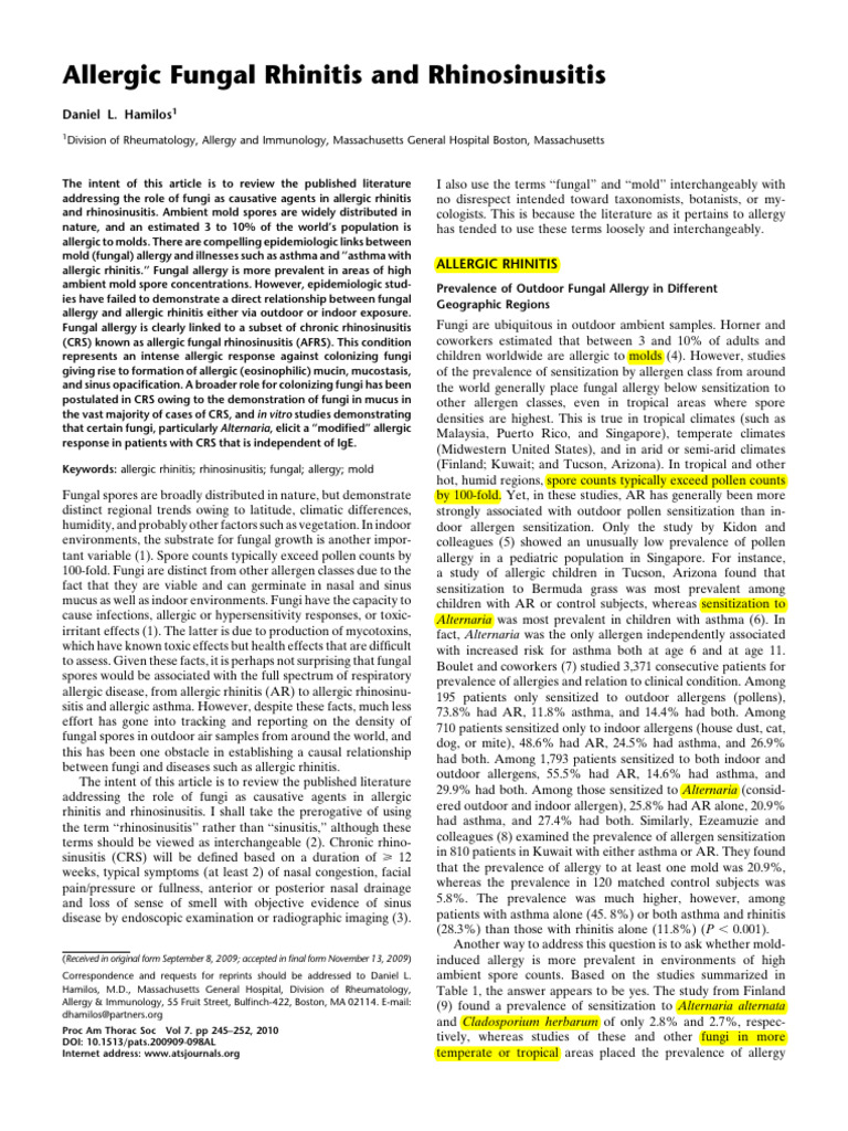 Hamilos 2012 Allergic Fungal Rhinitis and Rhinosinusitis | PDF ...