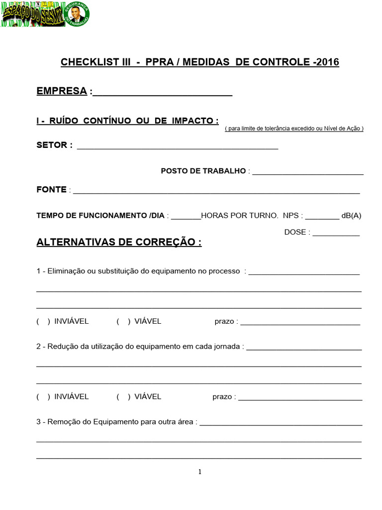 Checklist III Ppra | PDF | Radiação | Barulho