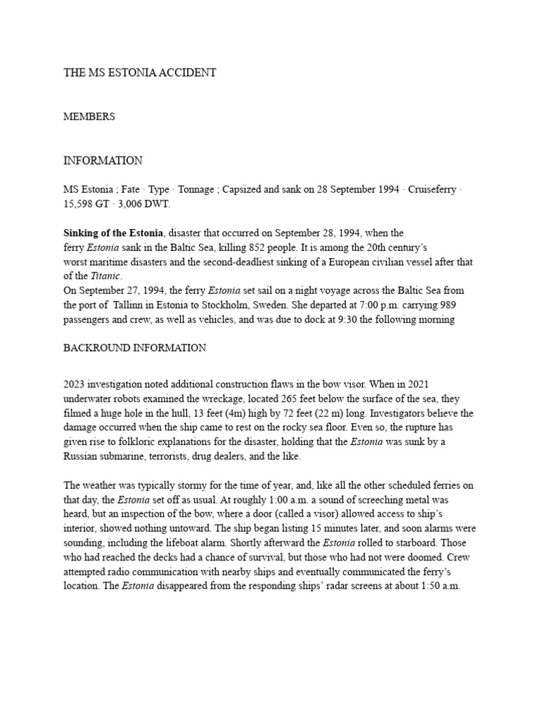 The Ms Estonia Accident: Sinking of The Estonia, Disaster That Occurred ...