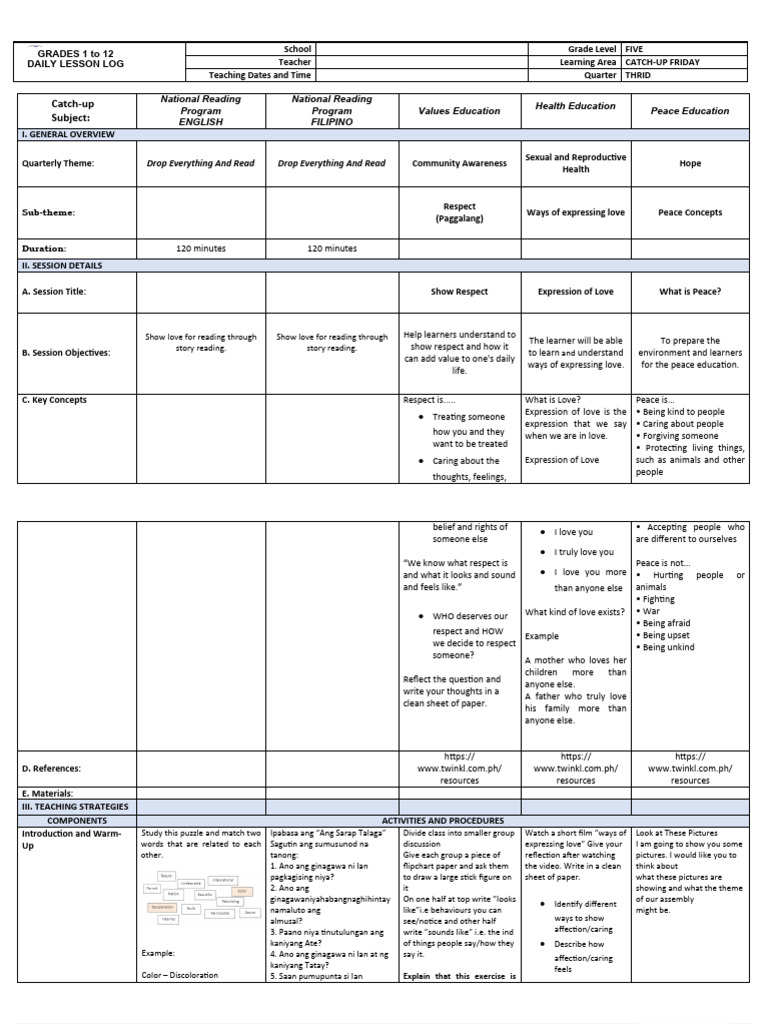 DLL CATCH UP - Grade 5 FEB 2 3rd Quarter | PDF | Learning | Love